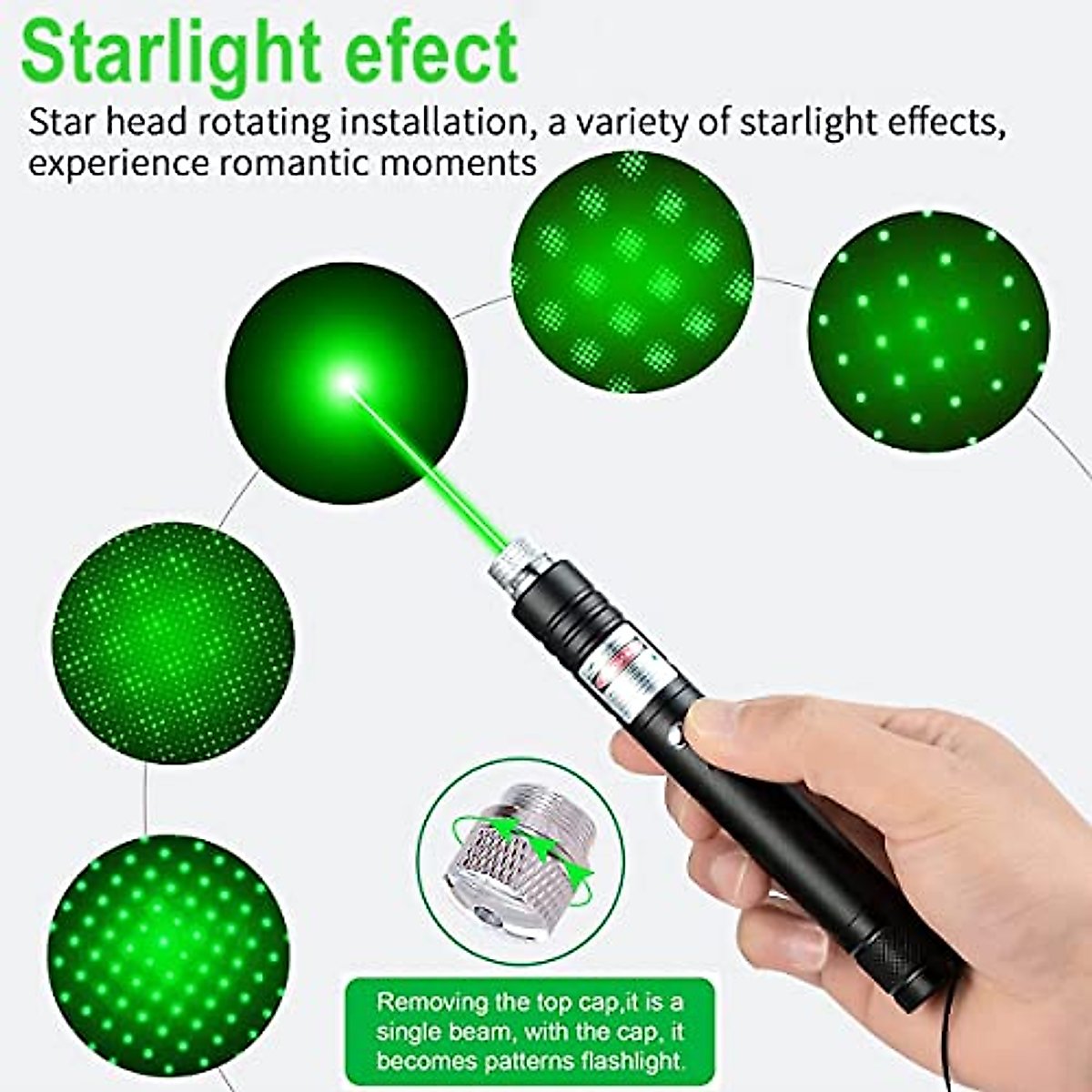 Long Range Green Laser Pointer High Power, Strong Laser Pointer Pen,2000 metres Powerful Tactical Green Lazer Pointer Light Rechargeable, Star Cap Adjust for Astronomy Hiking, Cat Laser Toy USB Charge