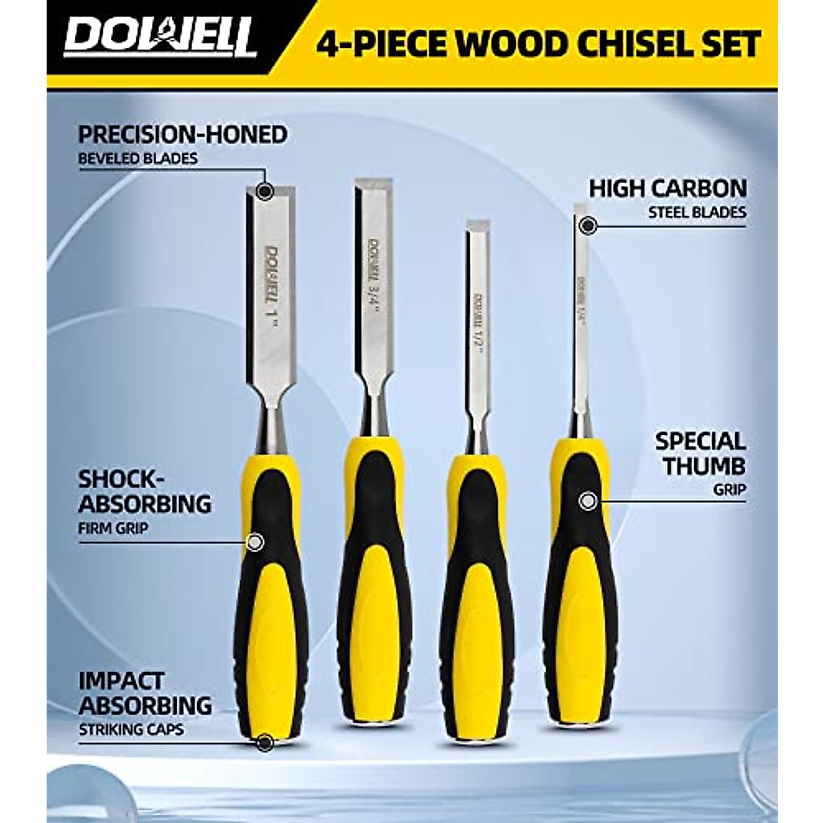 DOWELL Wood Chisel Tool Set 4pc Sturdy Chisel, 1/4 inch,1/2 inch,3/4 inch,1 inch with Carpenter Pencils HY080103