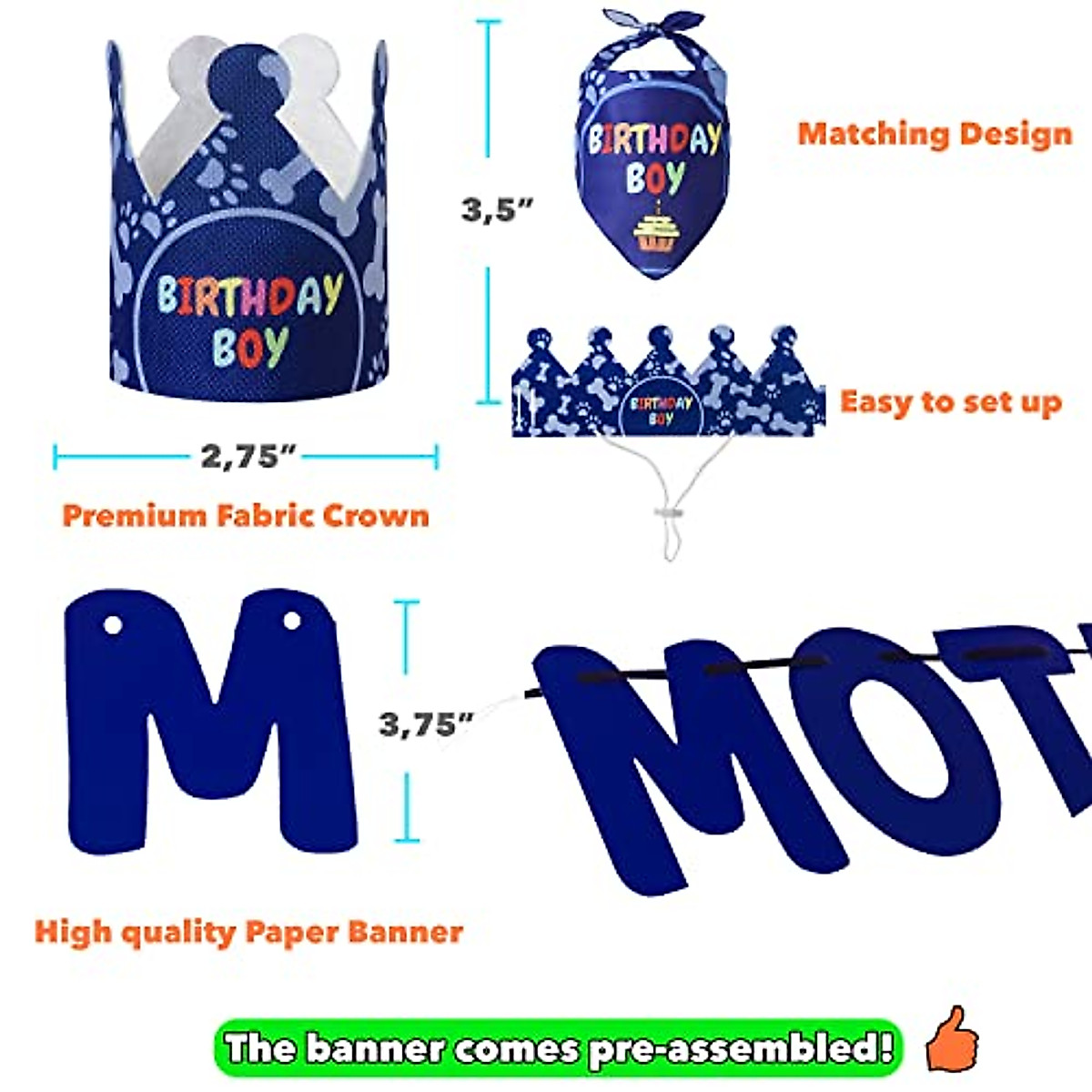 Odi Style Dog Birthday Party Supplies - Dog Birthday Bandana Set - Birthday Boy Bandana for Medium, Large Dogs, Party Hat, Crown and Cute Dog Birthday Banner with It's My Birthday Mother Puppers Sign