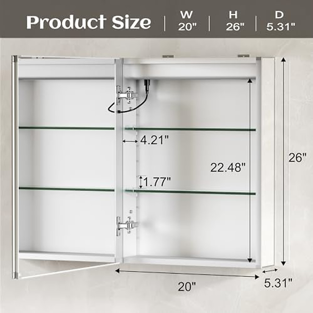 ROOMTEC LED Lighted Medicine Cabinet with Mirror 20"*26",Bathroom Mirror Cabinet with Lights, Outlet and USB, Recessed or Wall Mounted, Adjustable Shelf, 3-Color, Dimmer, Anti-Fog