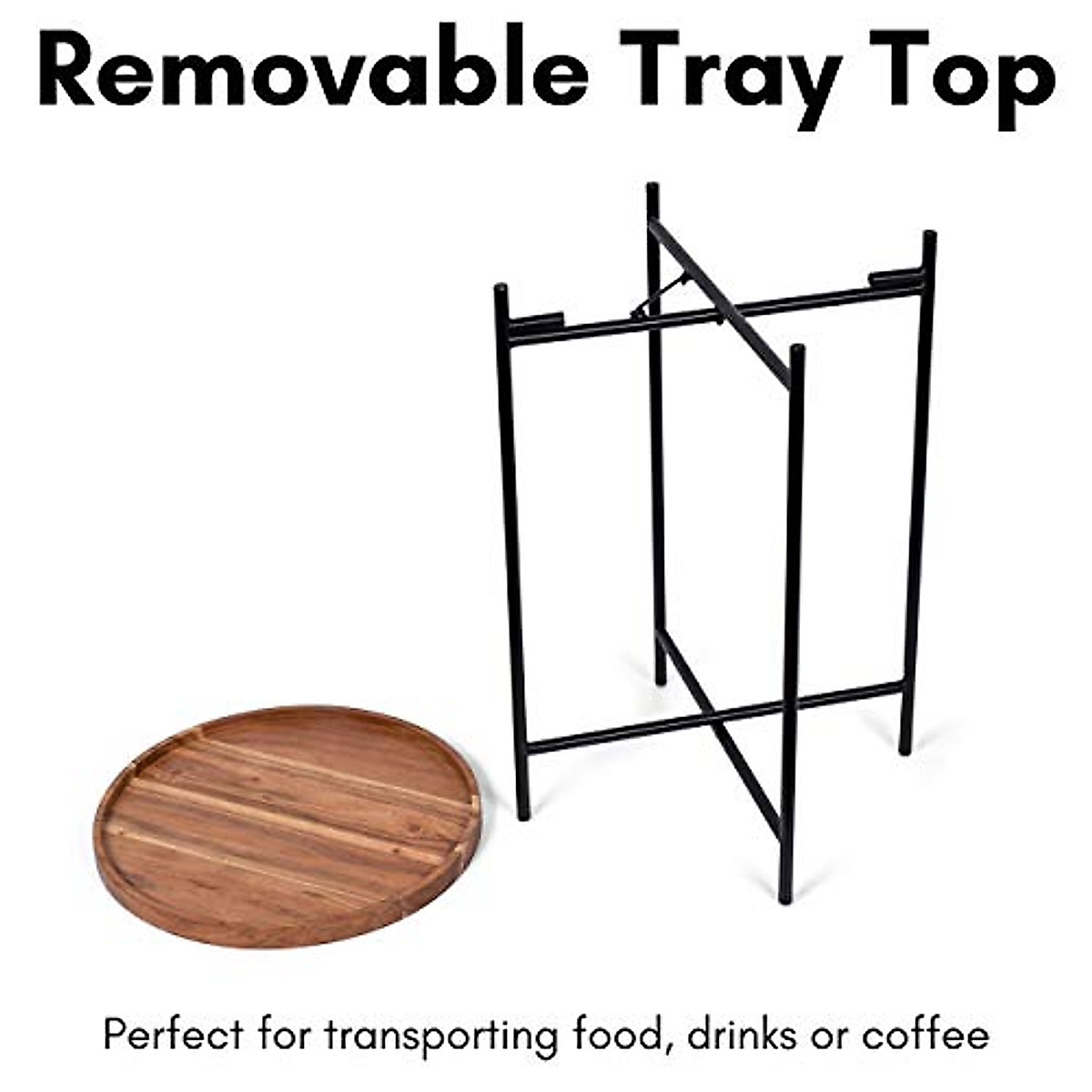 BIRDROCK HOME Folding Side Table with Removable Wood Tray - Black Metal Foldable Nightstand - Indoor Use Only - Bar Coffee Drinks Food Serving Tray - Decorative Modern End Accent - Natural Acacia
