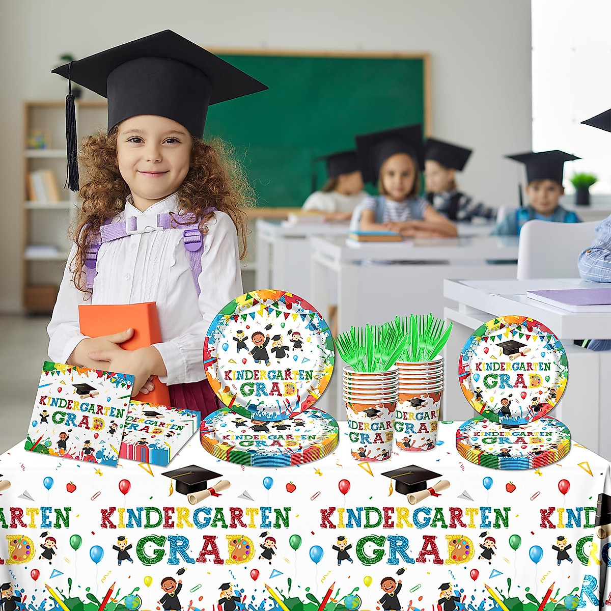 Happy Kindergarten Graduation Tableware Decoration- 142Pcs Kindergarten Tableware Set Include Plates, Napkins Banner Service for 20 Guests Congrats Grad Party Supplies (Tableware)
