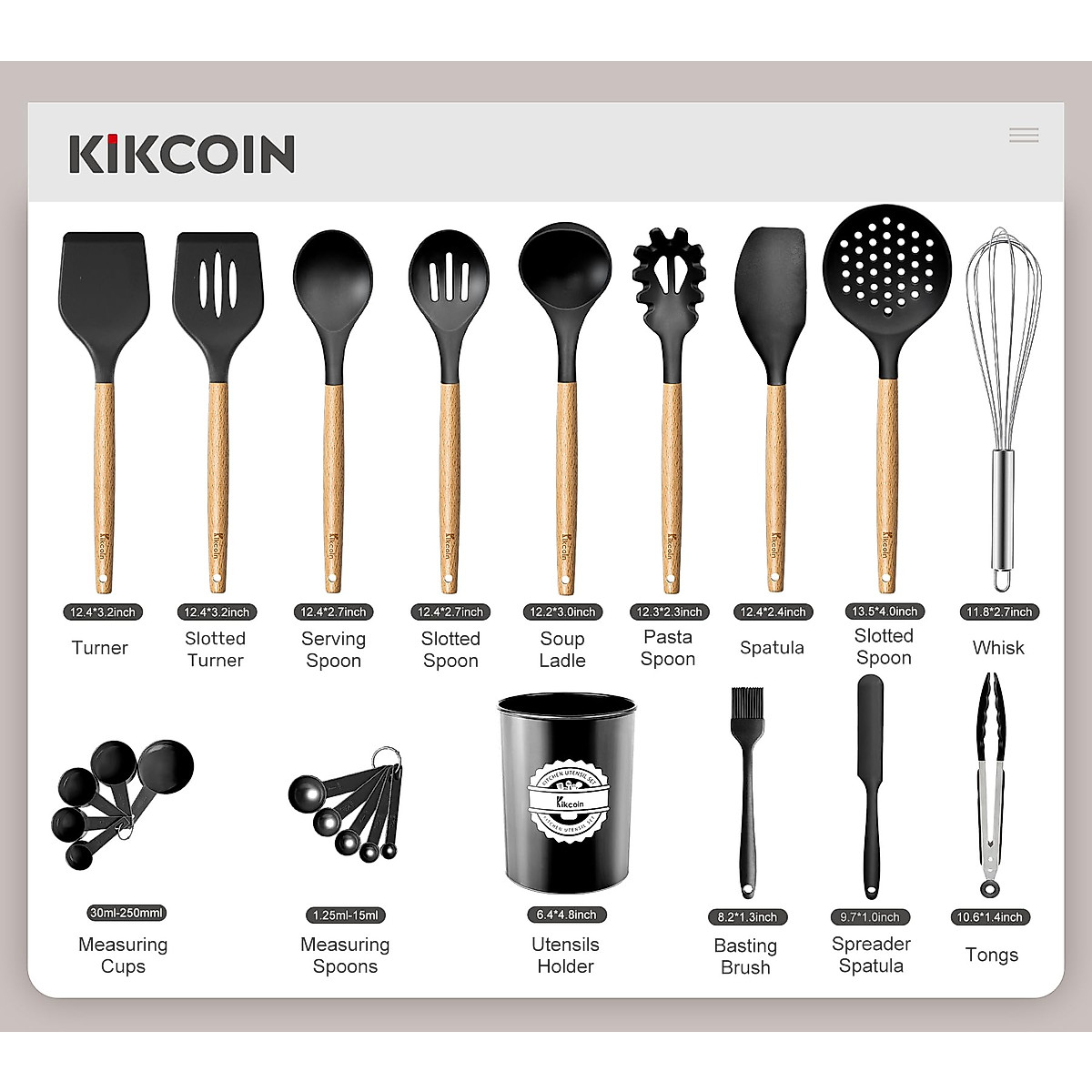 23 PCS Kitchen Utensils Set, Kikcoin Wood Handle Silicone Cooking Utensils Set with Holder, Spatulas Silicone Heat Resistant Cooking Gadgets for Nonstick Cookware, Black