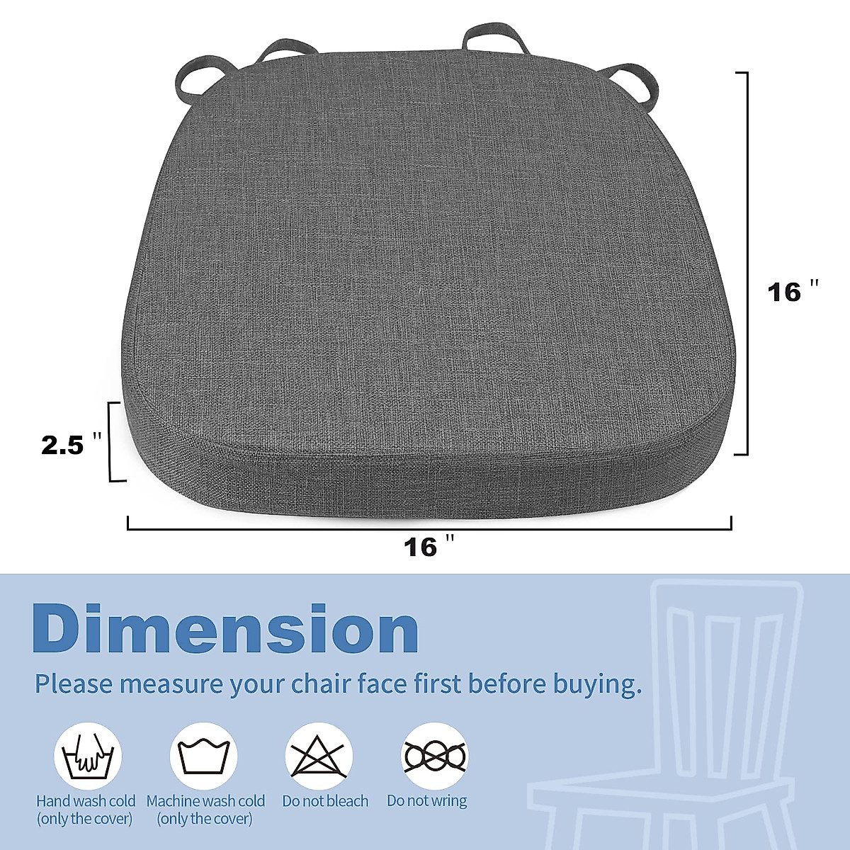 BUYUE Thickened 2.5" Original Linen Dining Chair Cushion, U-Shape High Density Foam Comfortable Chair Pad for Kitchen, Slip Resistant Indoor Seat Cushion (1 Piece, Dark Gray)