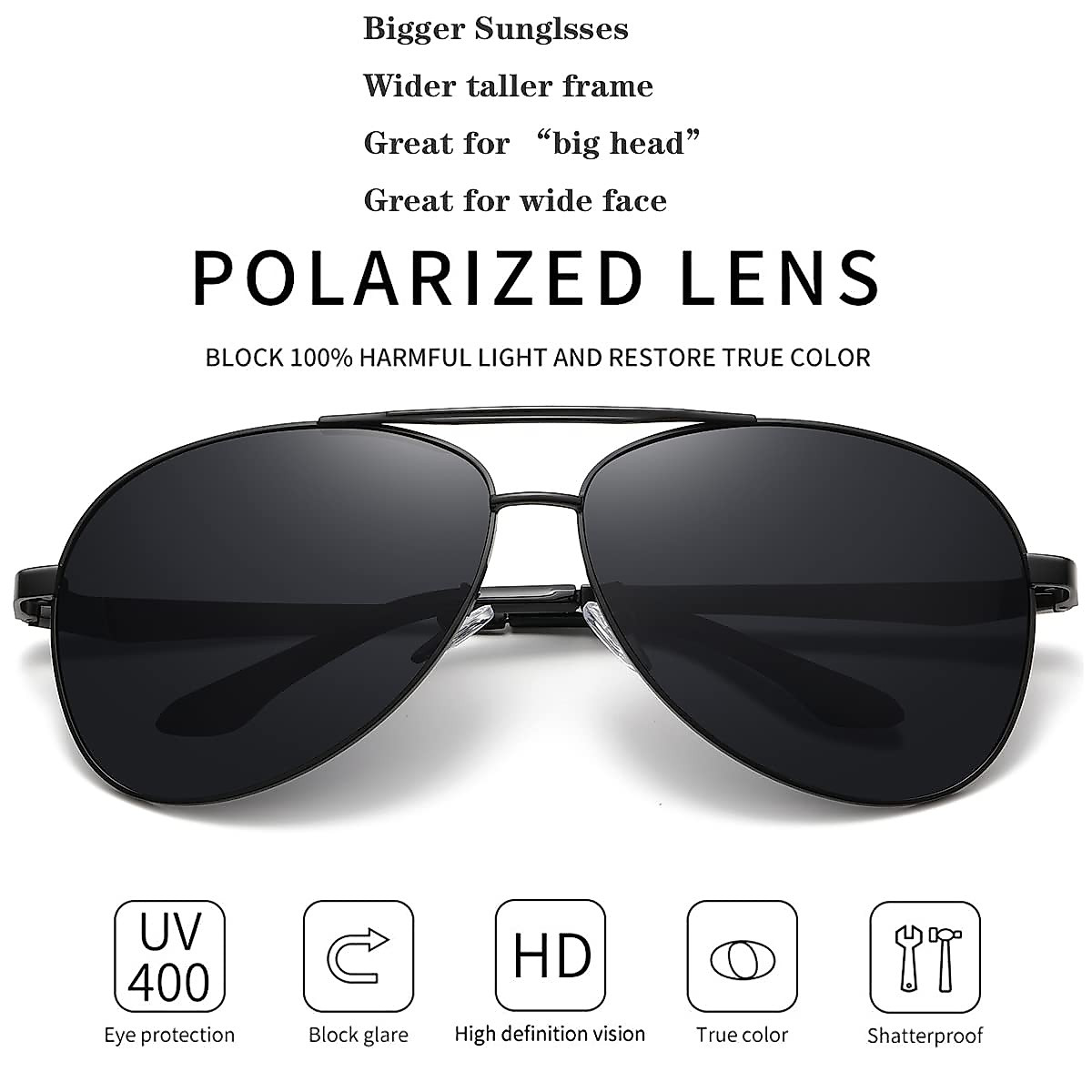 RCXKOOM Big XL Wide Frame Extra Large Polarized Aviator Sunglasses for Big Heads Men Oversized Military Pilot Glasses