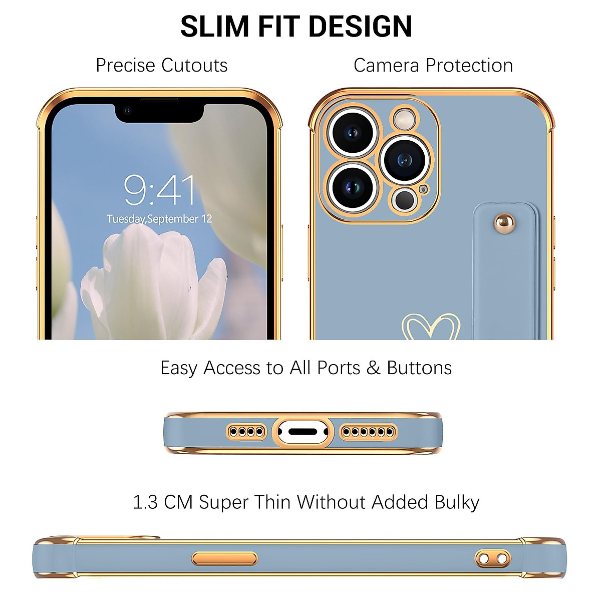 BENTOBEN for iPhone 13 Pro Max Phone Case, Cute Heart Adjustable Strap Wristband Kickstand Holder Shockproof Protective Soft TPU Luxury Plating Raised Trim Girls Women iPhone 13 Pro Max Case, Gray