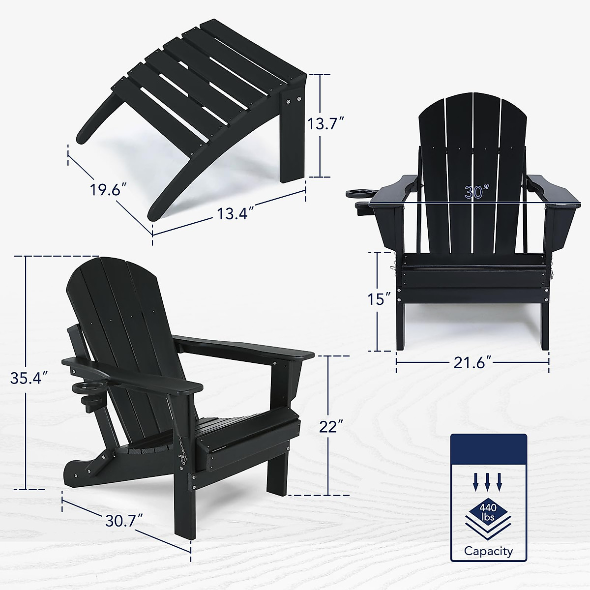 ABCPATIO Folding Adirondack Chair with Footrest - Outdoor Weather Resistant Plastic Adirondack Chairs with Detachable Ottoman, Stackable Seating with Cup Holder for Patio (Seat Width 20", Black)