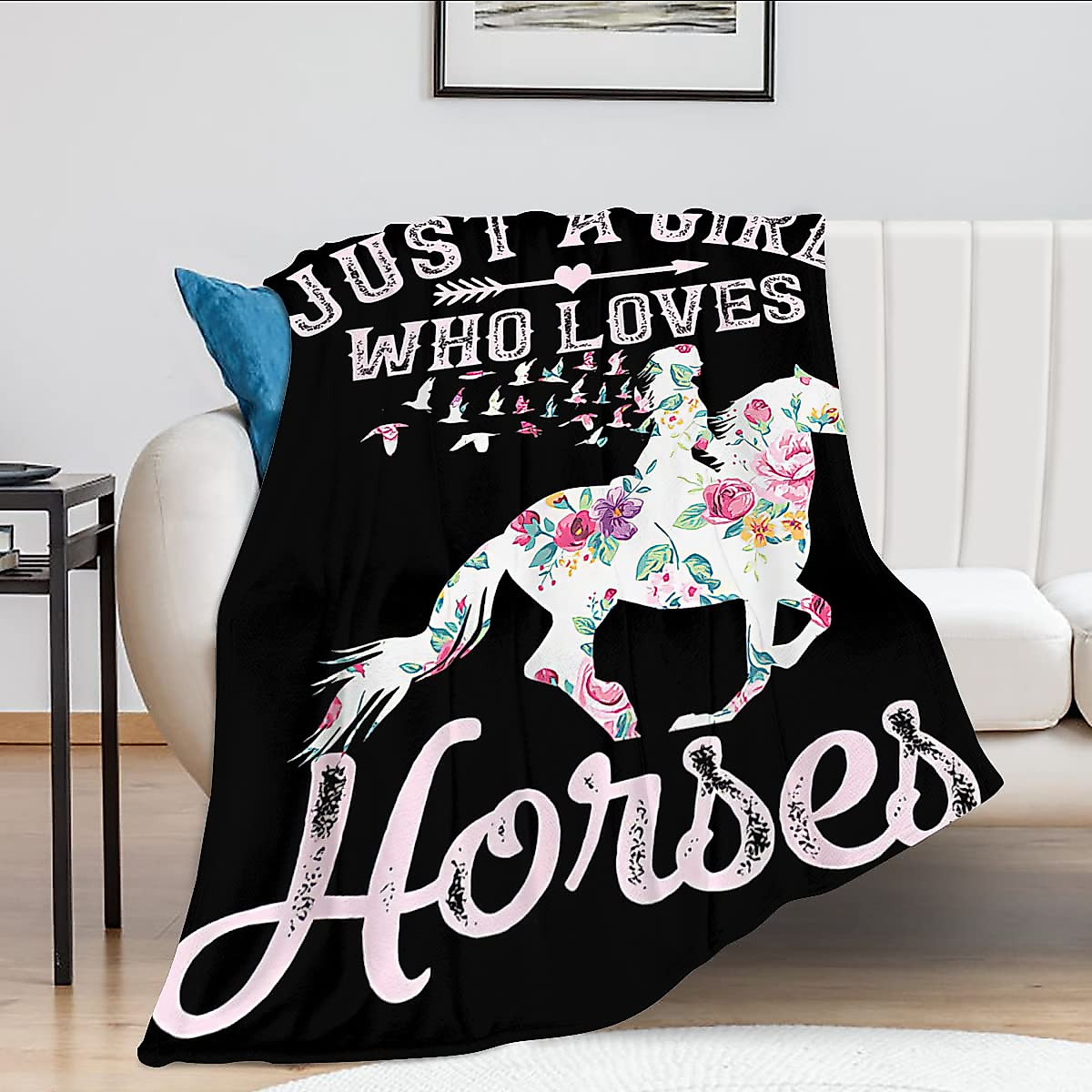 citari Just A Girl Who Loves Horses Blanket Horse Flower Throw Blanket for Girls Super Soft Warm Cozy Fleece Plush Bedding ​Blanket Horse Gifts for Women Kids Adults Couch Sofa 40"x50"