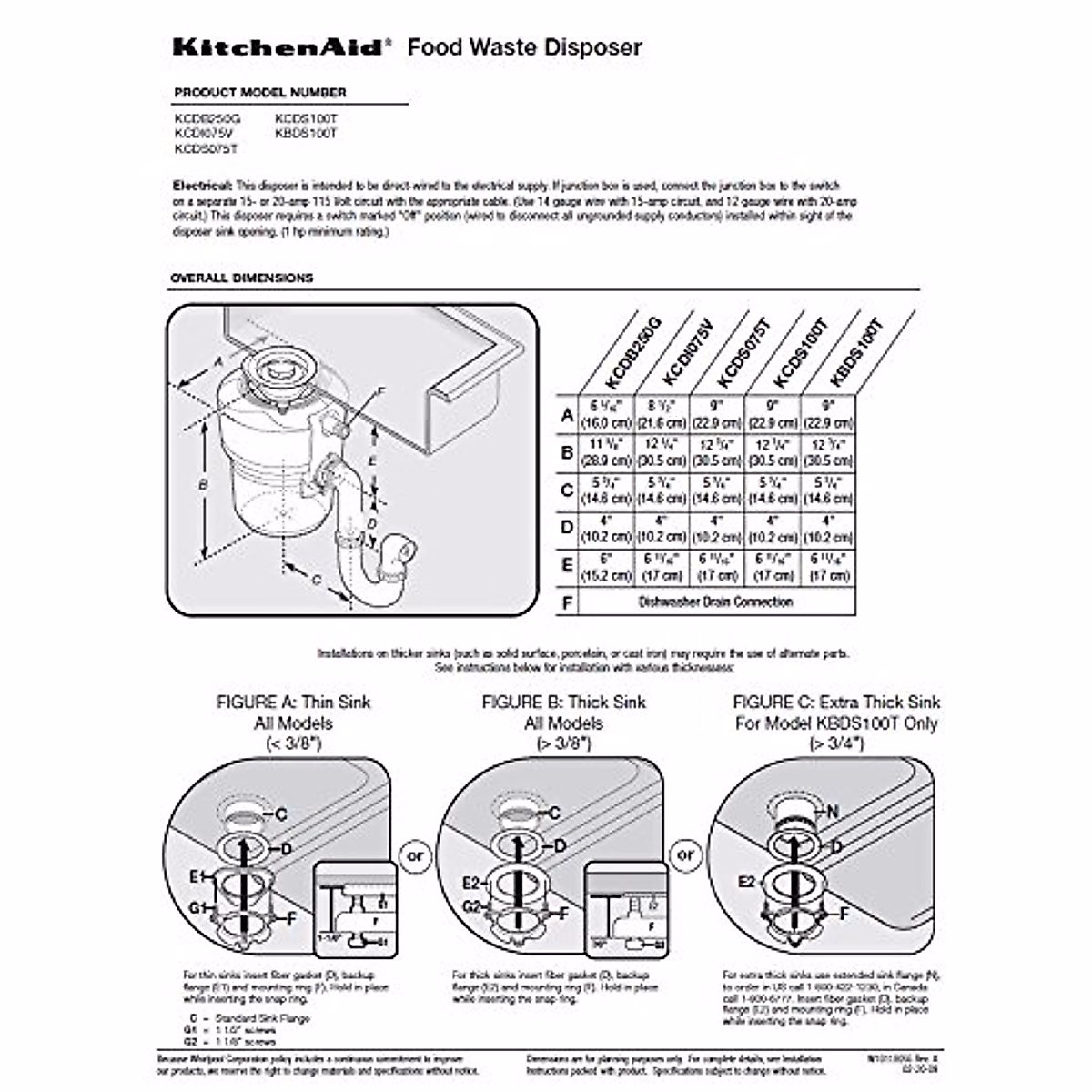 Kitchen Aid (84211643) KCDB250G 1/2 HP Continuous Feed Garbage Disposal