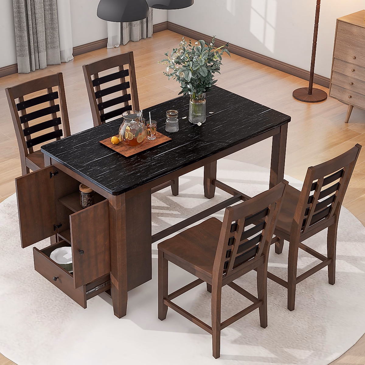 KLMM Retro Solid Wood 5-Piece Counter Height Dining Table Set with Faux Marble Tabletop,Storage Cabinet and Drawer,for Small Places Dining Room Use (Dark Walnut@Drawer)