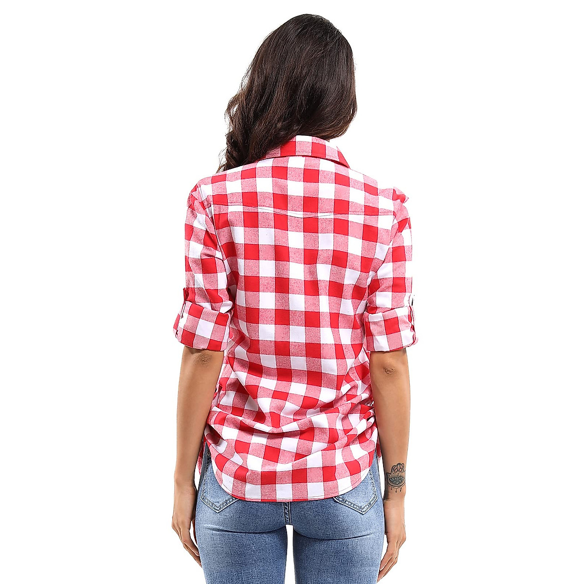 OCHENTA Women's Roll Up Sleeve Button Down Plaid Flannel Shirt Fall Casual Tops M042 Red White M