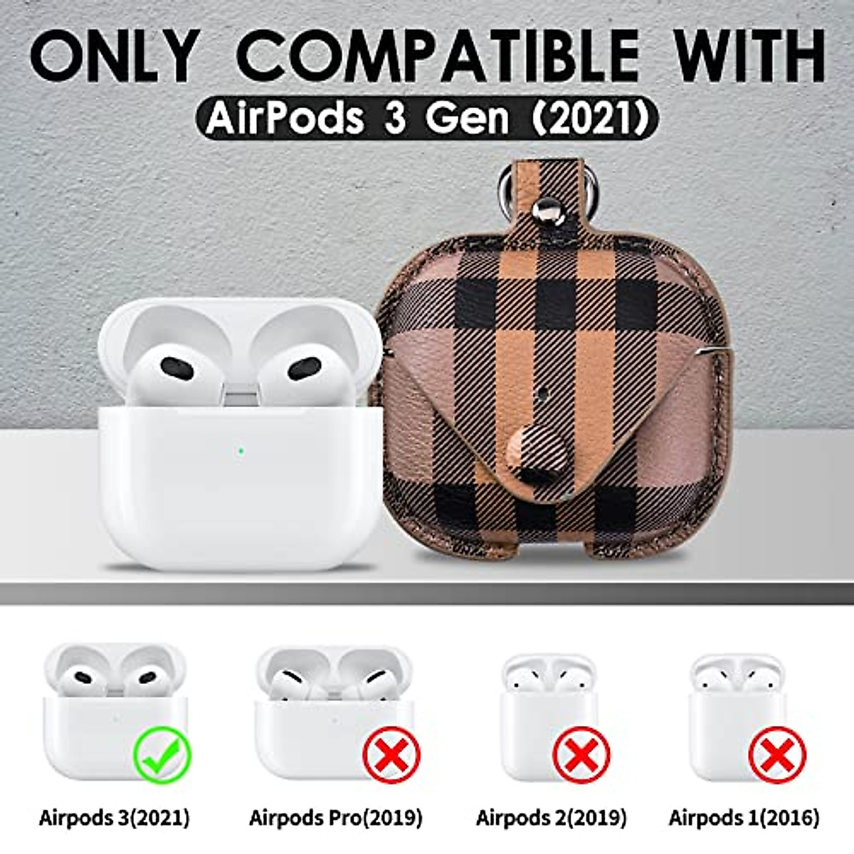 Pujuyeka Leather Luxury Case for AirPods 3rd Generation 2021 with Keychain,Designer Plaid Cute Airpod Charging Case Cover Aesthetic Lockable Protective Air Pod Skin Cover (AirPod 3rd Gen 2021 Brown)