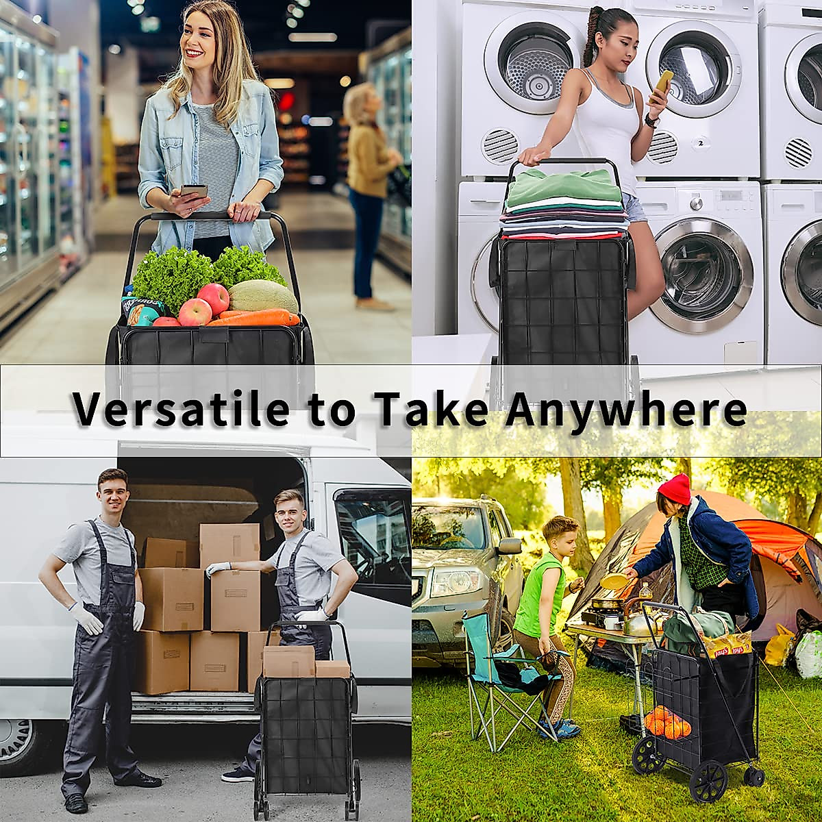 Upgraded Shopping Cart w/ 360° Swivel Wheels & Waterproof Basket Liner for Groceries, Shopping Laundry - Foldable Collapsible & Lightweight - Extra Large Heavy Duty Utility Cart