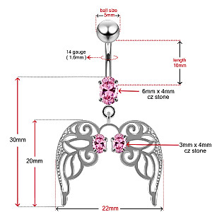 Dark Blue Gemstone Fancy Angel Wings with Floral Dangling Design 925 Sterling Silver with Stainless Steel Belly Button Navel Rings