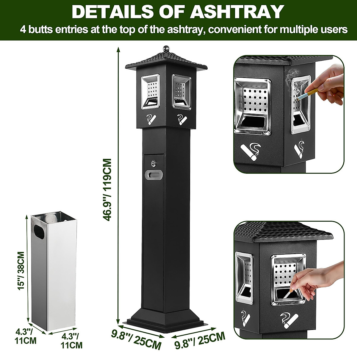 AIWFL 47" Height Outdoor Trash Receptacle, Commercial Trash Can, Standing Garbage Can Large Waste Trash Container Bin for Cafeterias Office Patio Backyard Pub Club Garage (Black)