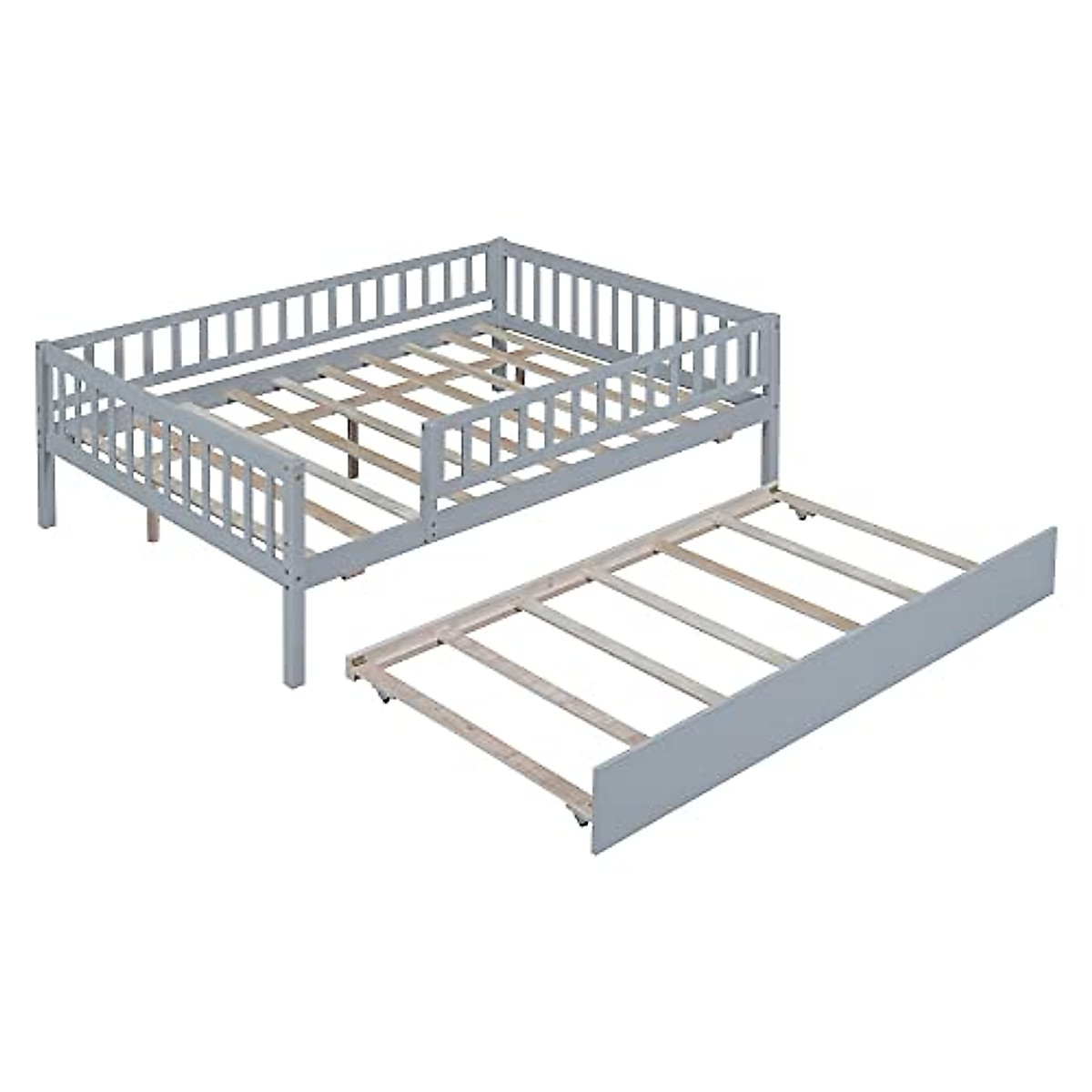 P PURLOVE Full Daybed with Trundle, Daybed Frame with Fence Guardrails, Wood Daybed for Boys, Girls and Young Teens, No Box Spring Needed (Gray)