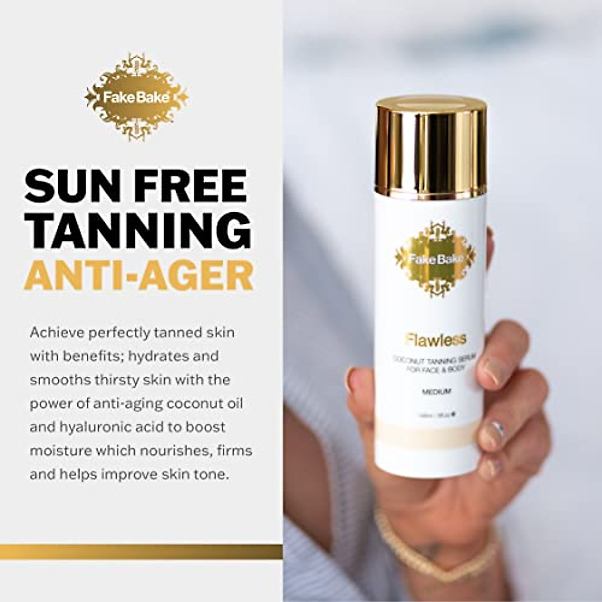 Fake Bake Flawless Coconut Sunless Tanning Serum with Hyaluronic Acid Lightweight Illuminating Face & Body Gradual Self Tanner - Hydrating & Rejuvenating Skin Care for Women & Men - 5 oz