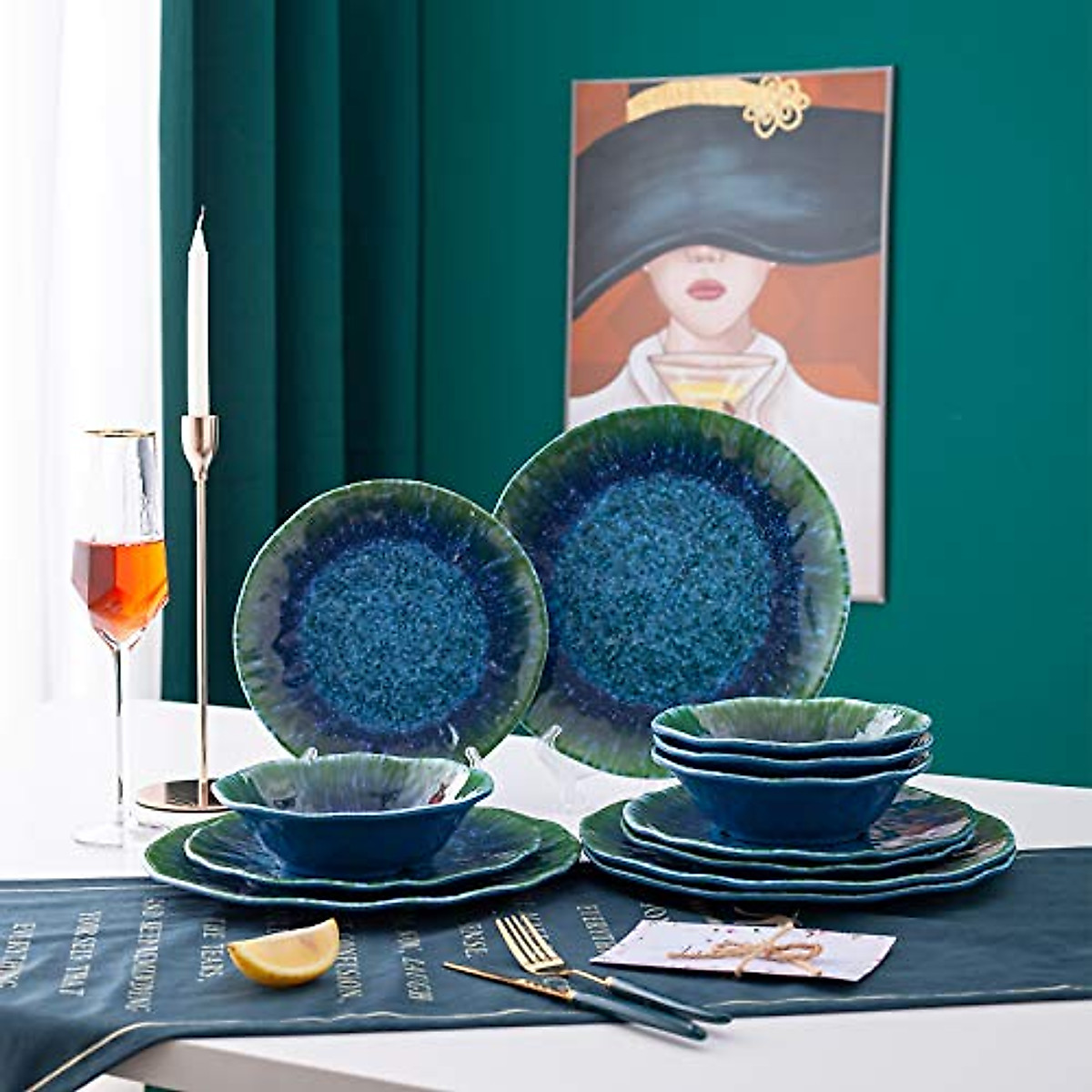 Melamine Dinnerware Set 12 PCS Teal Turquoise Tableware Plates Bowls Blue Green Dishwasher Safe Not Microware Not Oven