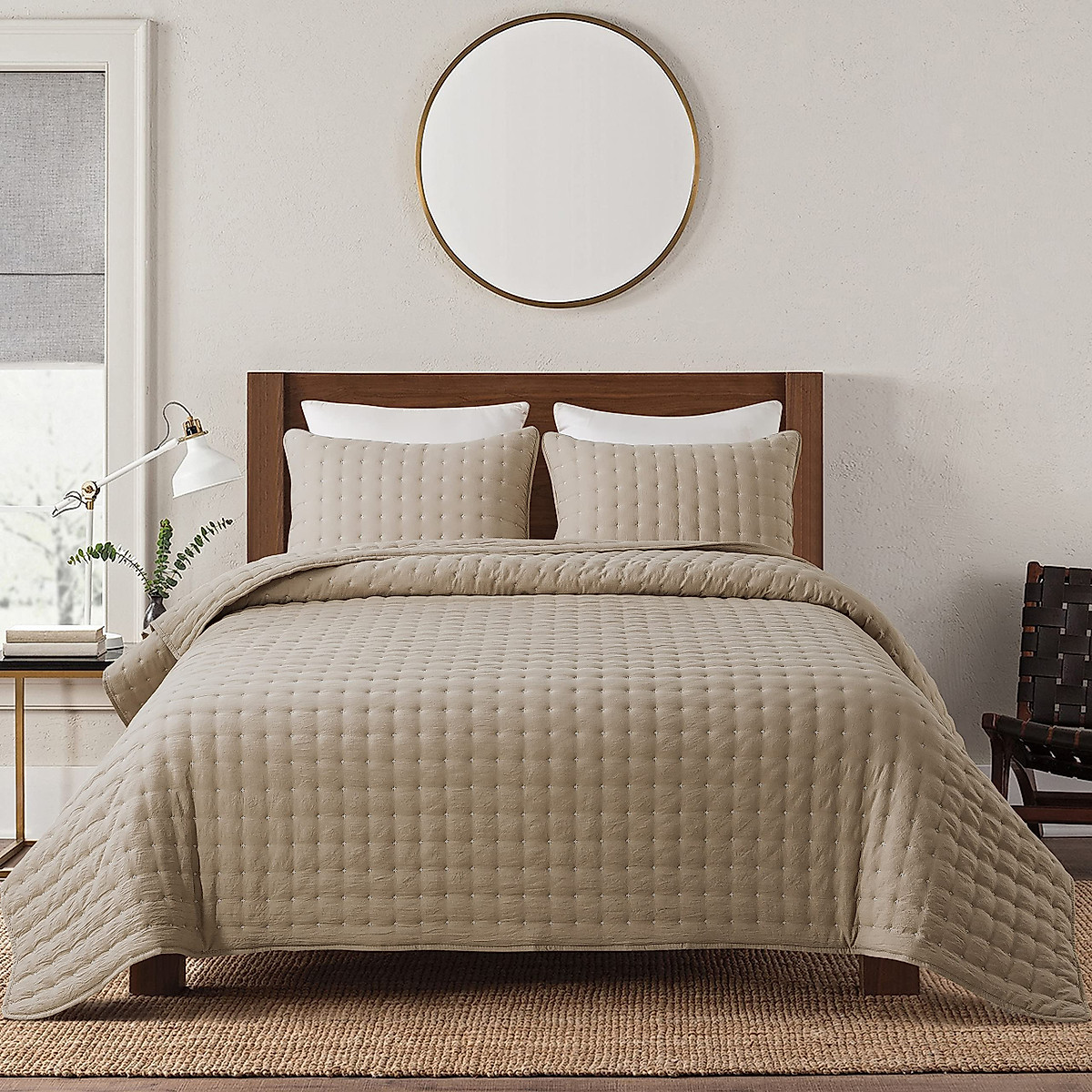 WDCOZY Beige Twin Size Quilt Bedding Sets with Pillow Sham, Tan Cream Lightweight Bedspread Coverlet, Quilted Blanket Thin Comforter Bed Cover, All Season Summer Spring, 2 Pieces, 68x90 inches