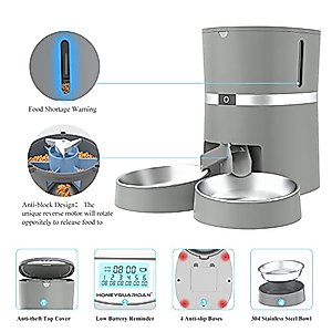 Automatic Cat Feeder, HoneyGuaridan Pet Feeder for Multiple Cats&Dog Food Dispenser with Splitter,Portion Control and Voice Recording Dual Power Apply Food Alarm (Two Way Pet Feeder)