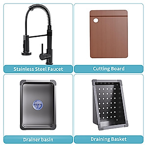 29.5 x 18 inch Kitchen Sink, Single Bowl Stainless Steel Sink Multifunctional Drop In Sink with Pull-Down Faucet and Multiple Accessories (Black Grey, 29.5 * 18)