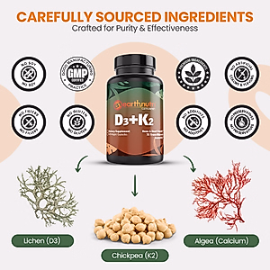 EarthNutri Vitamin D3 K2 Supplement 5000 IU – Includes K2 from MENA Q7, D3 from Vitashine, Calcium from Aquamin & 72 Trace Minerals – for Immune, Bone & Heart Health – Non-GMO – 60 Veg Capsules