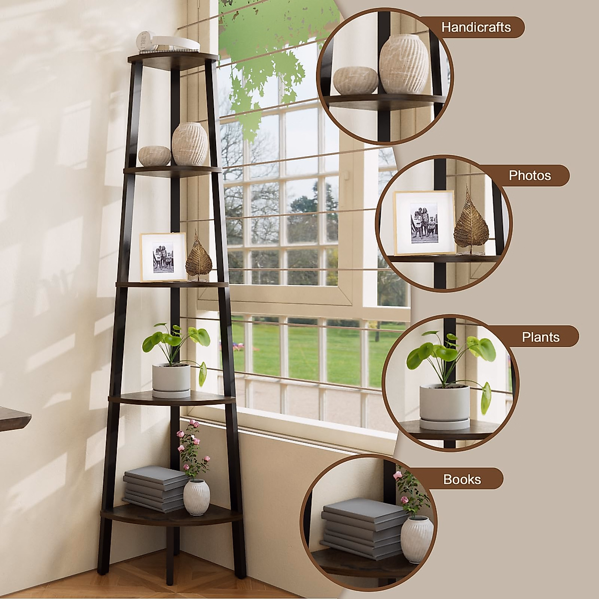 PITMOTO Corner Shelf Stand,5-Tier Corner Bookshelf Storage Standing Unit with Metal Frame,Corner Bookcase Plant Stand for Living Room,Home Office,Bedroom,Bathroom,Rustic Brown