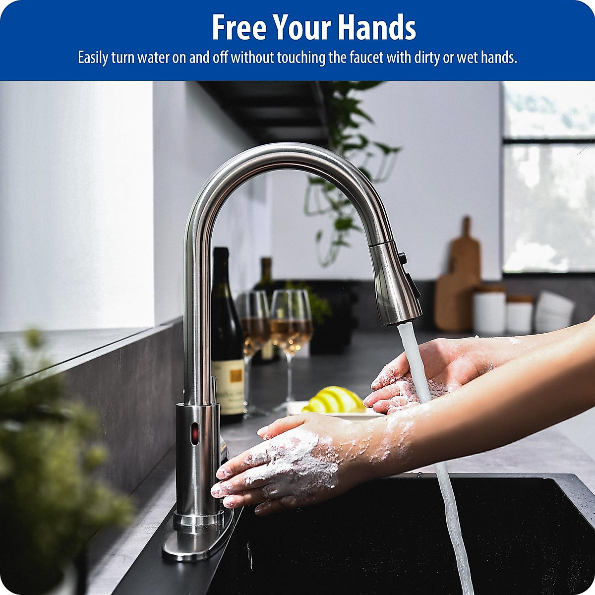 WEWE Touchless Kitchen Faucet with Pull Down Sprayer - Single Handle Kitchen Faucets Smart Motion Sensor Stainless Steel Brushed Nickel Sink Faucet