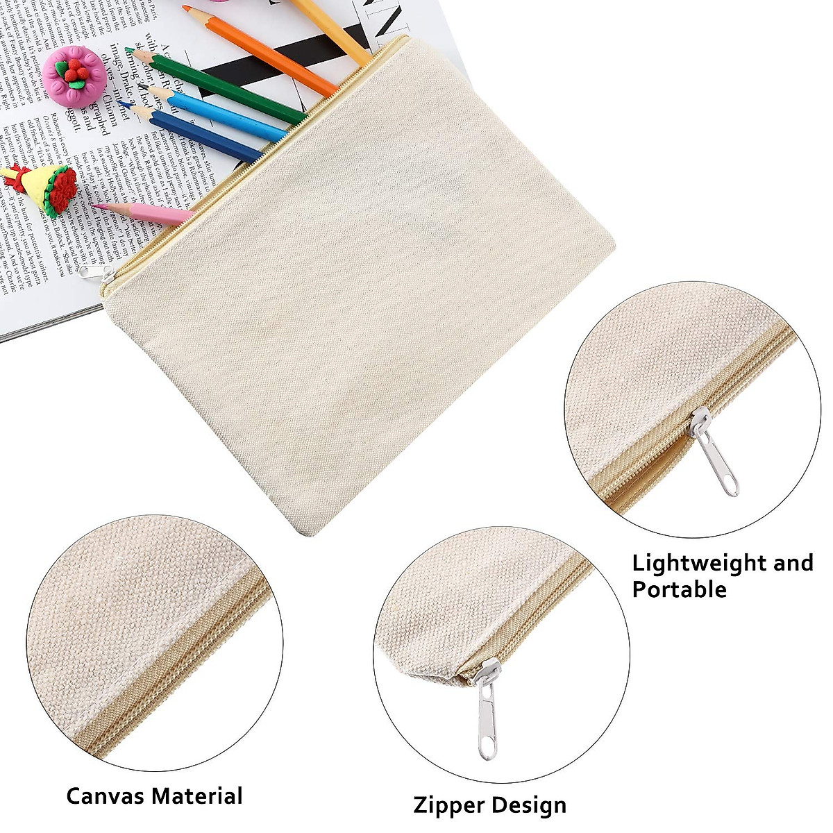 Gejoy 10 Pieces Cosmetic Canvas Pouch Bag Multipurpose Makeup Bag with Zipper Cotton Canvas Travel Toiletry Pouch DIY Craft (L, Beige)
