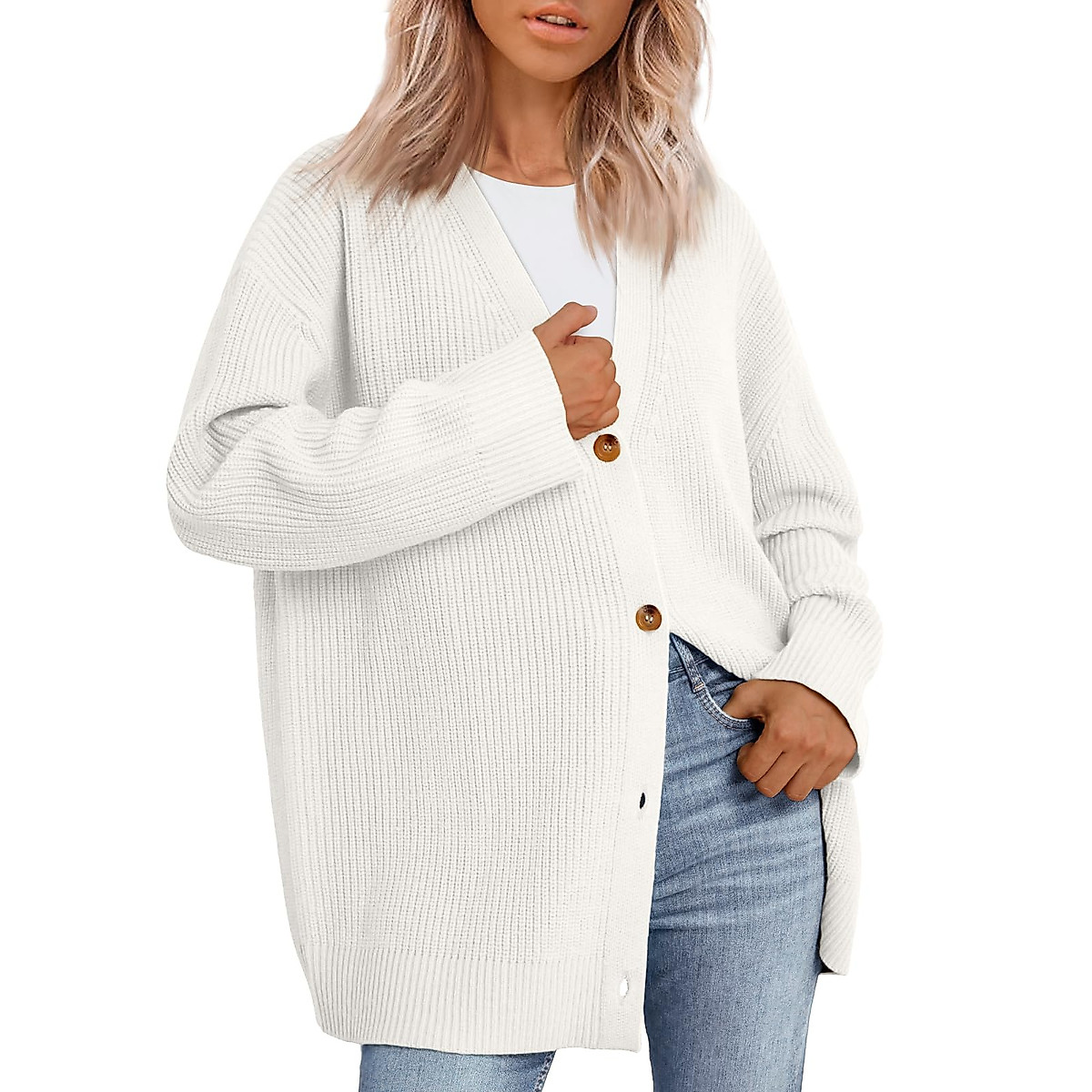 EFAN Womens White Cardigan Sweaters 2025 Trendy Oversized Sweater Long Cardigans V Neck Lightweight Knit Clothes Outfits
