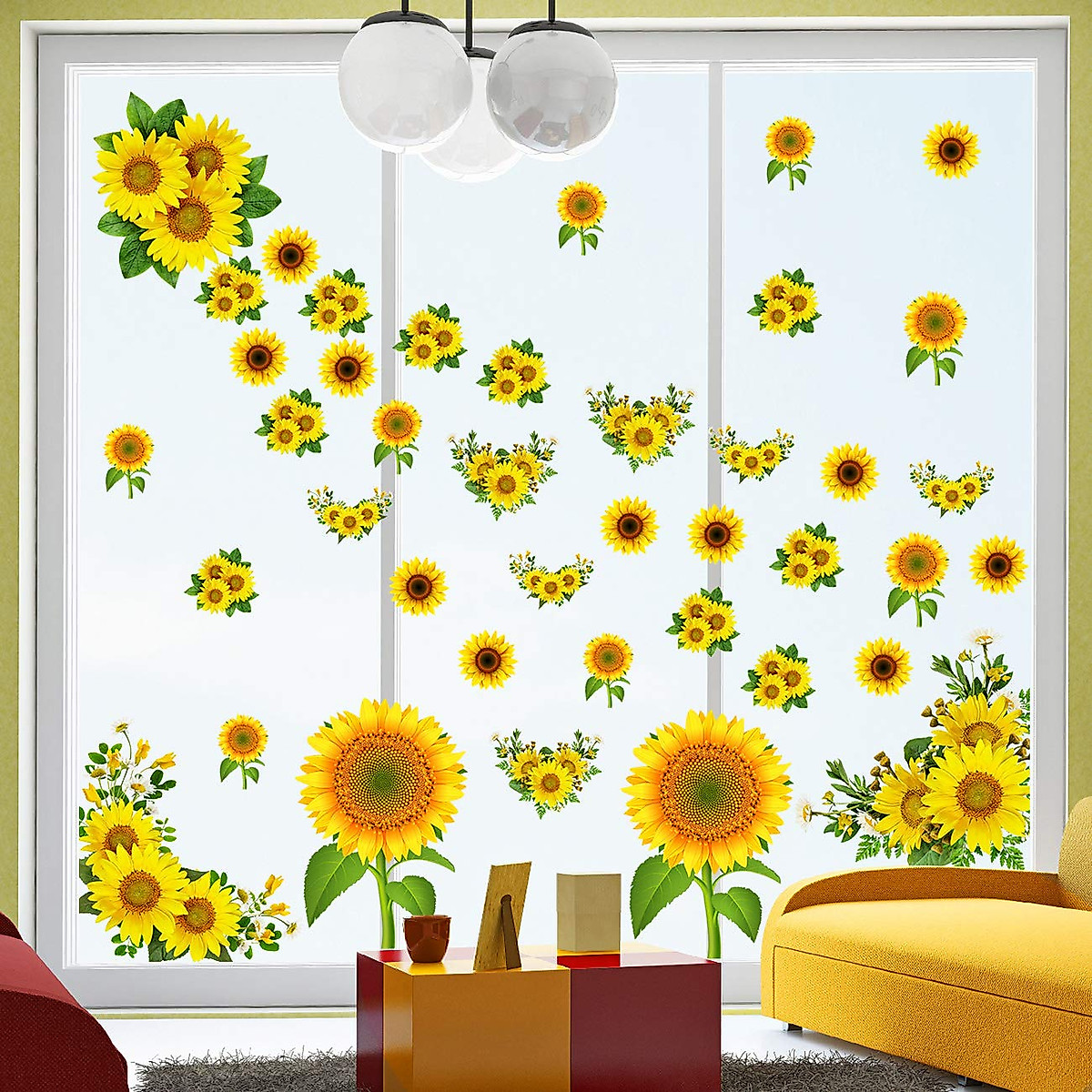 RW-ZSZ2881 31PCS Sunflower Wall Decals 3D Sunflower Yellow Daisy Flowers Wall Stickers Floral Decals DIY Removable Sunflower Green Leaves Wall Decor for Kids Baby Bedroom Living Room Bathroom Nursery