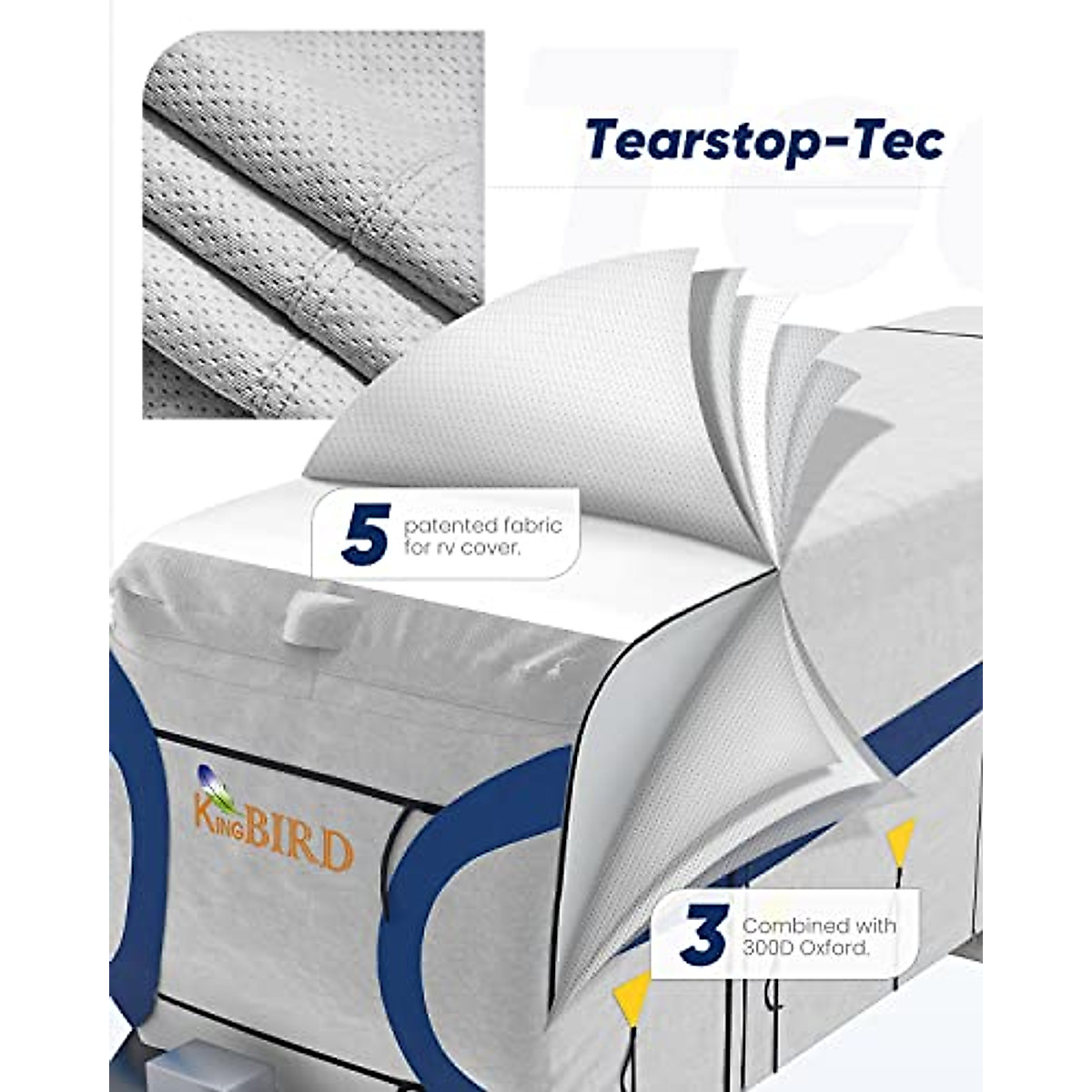 KING BIRD Tearstop-Tec Heavy Duty Travel Trailer Camper RV Cover, Fits 29.6-32.5ft Motorhome for Winter Snow, Anti-UV, Breathable, Waterproof, Rip-Stop, Oxford