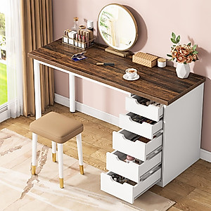 Tribesigns 47 inches Vanity Desk with 5 Drawers, Rustic Brown Makeup Vanity Table Dressing Table with Storage, Modern Simple Computer Desk for Women, Girls