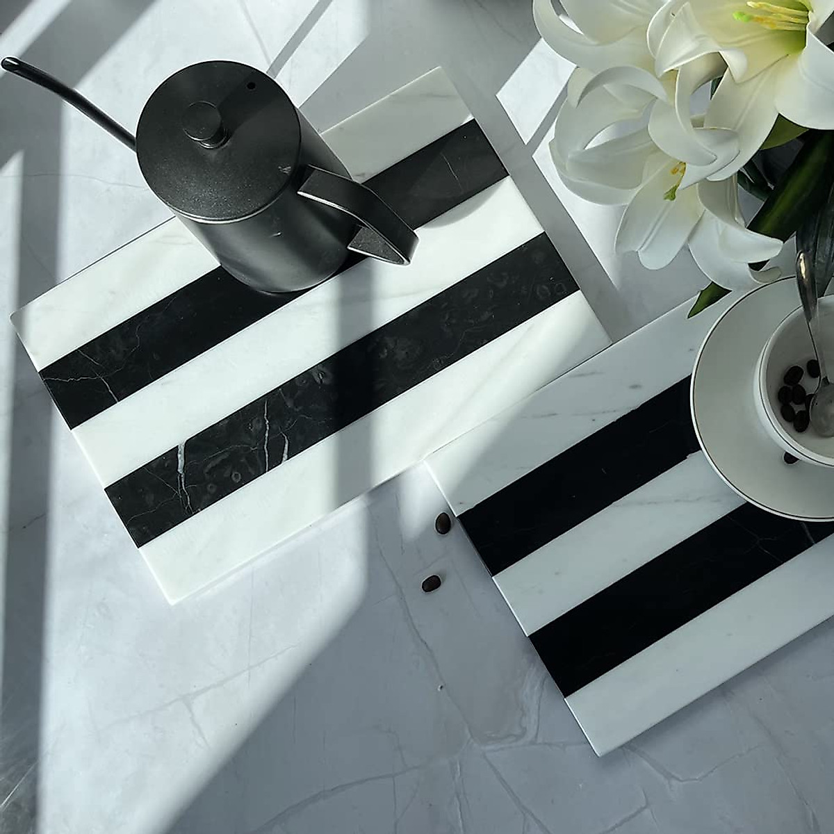 BustleDust 100% Natural Marble Pastry Board for Food, Tea, Coffee, Breakfast, Snacks, Cheese, Appetizers - Use in Kitchen, Bathroom, Office (Glossy Surface,Black&White,11.8x7.9x0.39in)