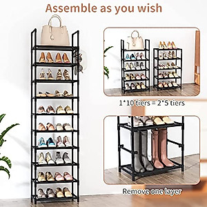 LANTEFUL 10 Tiers Tall Shoe Rack 20-25 Pairs Boots Organizer Storage Sturdy Narrow Shoe Shelf for Entryway, Closets with Hooks, Black