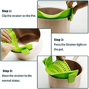 AUOON Clip on Strainer for pots Pans,2PACK,Heat Resistant Silicone, Easy to Use and Store, Dishwasher Safe,BlackGreen