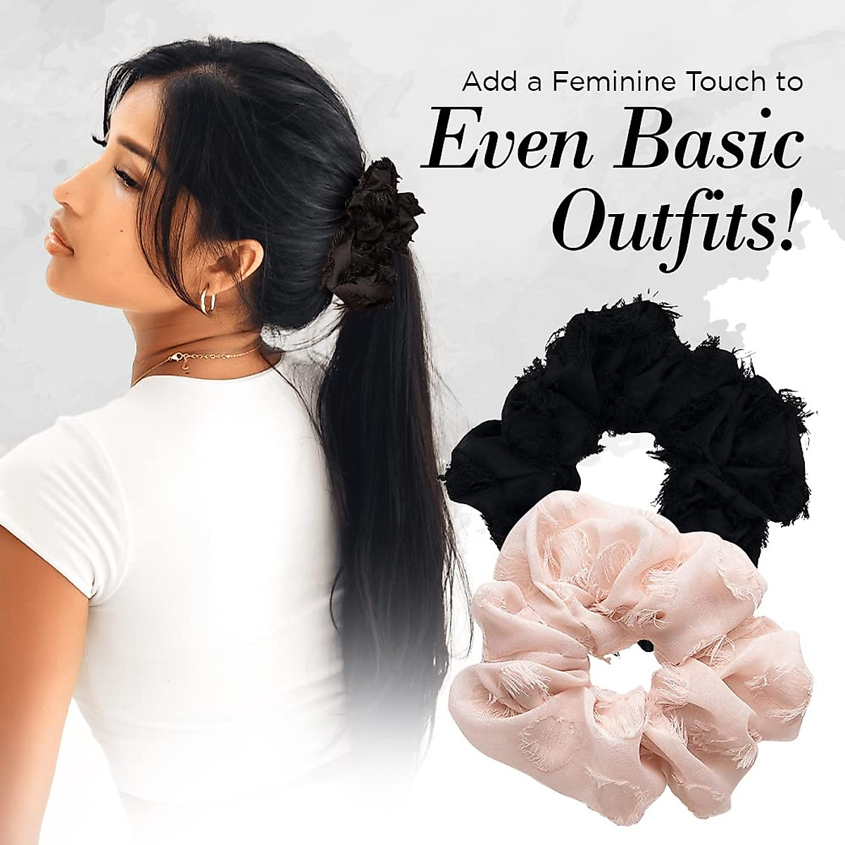 Kitsch Brunch Scrunchies - No Crease Hair Ties for Girls, Scrunchies for Women | Perfect for Daily Wear or Any Occasion - Frayed Black