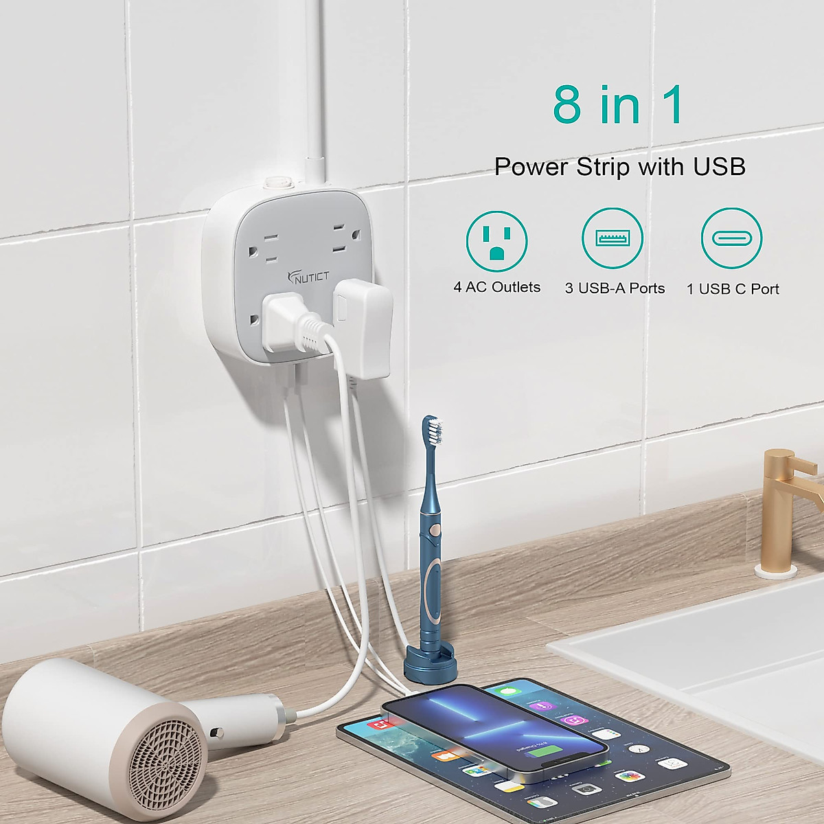 Outdoor Power Strip Weatherproof, 6 FT Extension Cord 3 USB Ports, 1 USB C Charger, 4 Outlets Flat Plug Surge Protector Waterproof Shockproof Wall Mountable For Home Kitchen Patio Porch Garden Camping