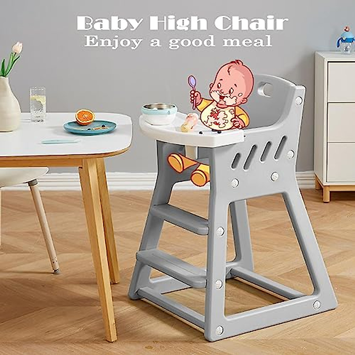 Baby Highchair,Children's Dining Chair, Safe and Solid Shape Structure Design, with Telescopic Gear Adjustable Feeding Tray, Can be Directly Washed (Grey)