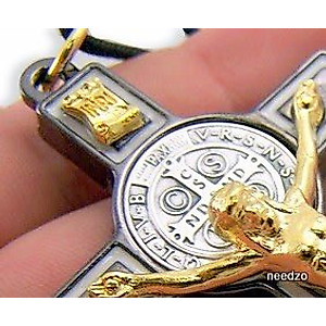 LM Black Enamel Gold Tone Saint Benedict Icon Cross Crucifix Pendant, 3 Inch