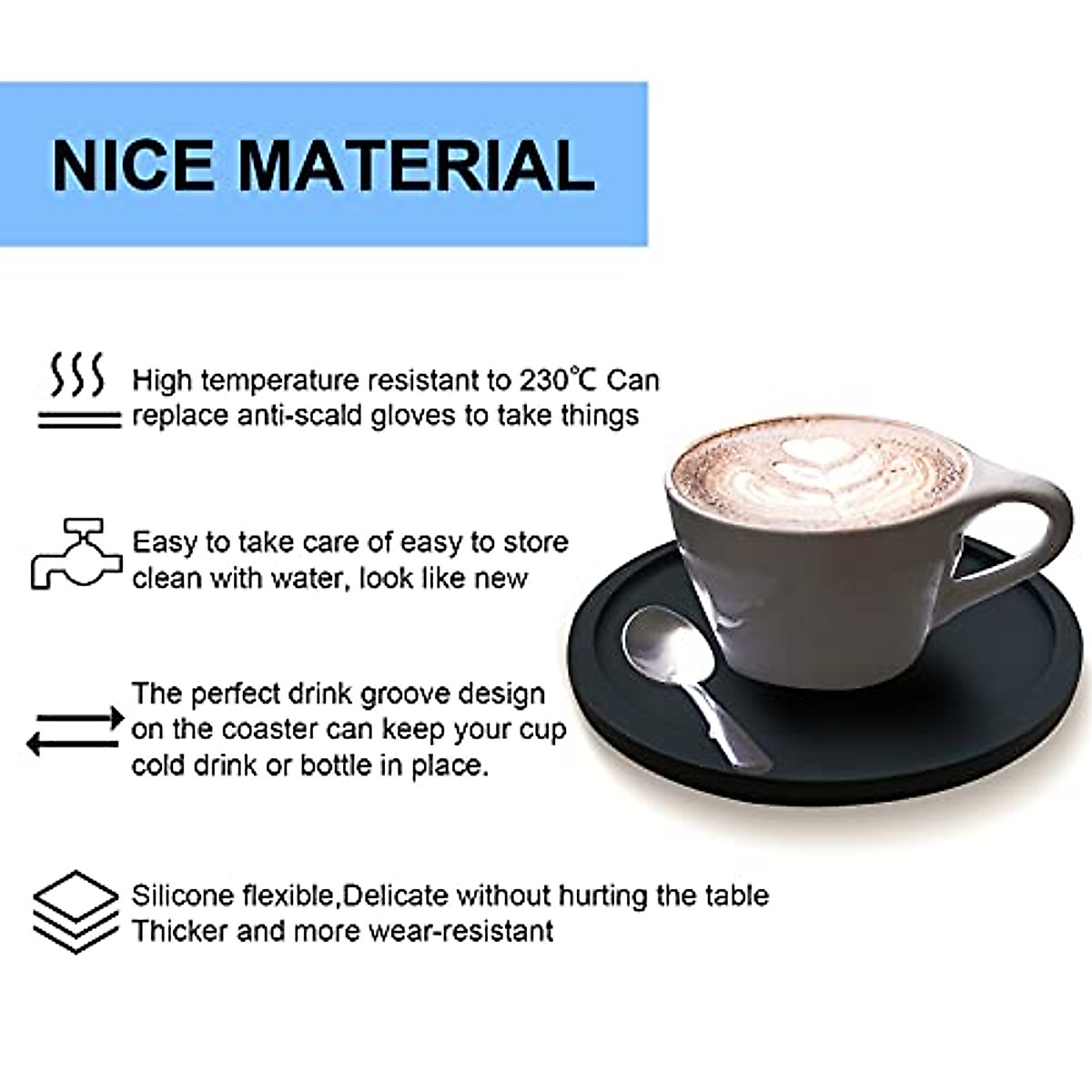 Coasters for Drinks-Anti-Slip Durable Reusable Drink Coasters Set,Non Slip Cup Coasters Silicone Coasters Fit Coffee Table Desk Beverage Bar Protect Desk from Heat and Scratch Damage(4 Pack,Black)