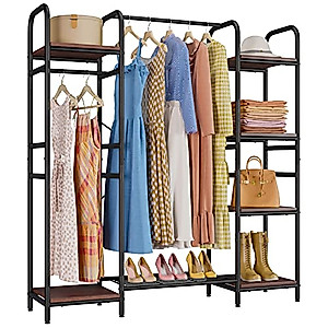 Timate P9 Clothes Rack with Shelves Portable Freestanding Clothing Rack for Hanging Clothes, Heavy Duty Garment Rack with 6 Wood Shelves & 2 Hanging Rod Sturdy Metal Storage Wardrobe for Bedroom Black