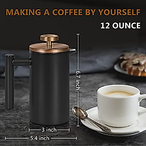 WORBIC French Press, 12oz French Press Double-Wall Insulated French Press Coffee Maker, French Press Stainless Steel with 3 Level Filtration System and 3 Extra Filter Screens, for Home, Office Black