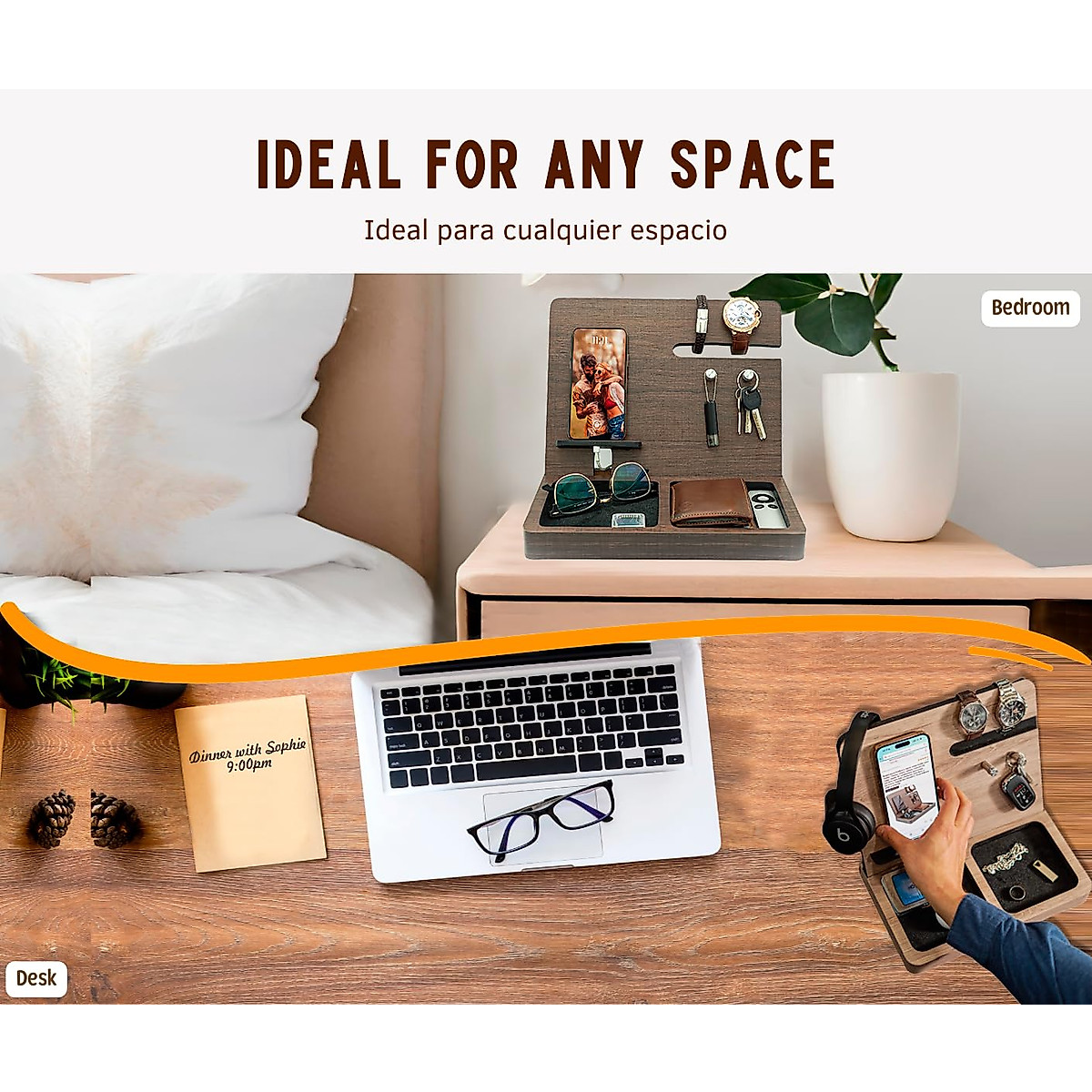 Namore | Gift for Men Husband, Anniversary, Birthday | Wood Phone Docking Station | Ideal as Office and Nightstand Organizer | Organize your Watch, Wallet, Cellphone, Keys, Airpods