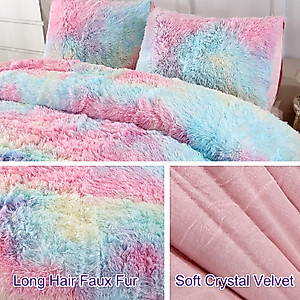 WINLIFE Faux Fur Comforter Set Twin Size for Girls Bedding Plush Shaggy Comforter Sets Gradient Ombre Tie Dye Bed Set Fuzzy Furry Long Hair Fluffy Comforter (3Pcs, Twin, Rainbow)