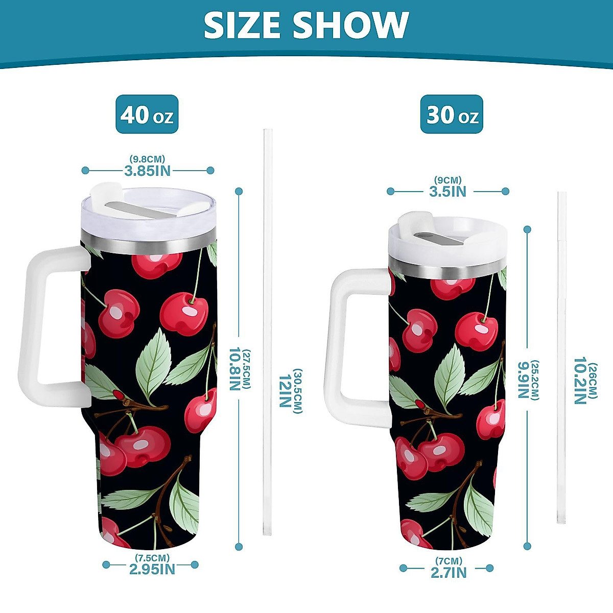 ARGTILDN 40 oz Tumbler Cherry Fruit Leaves Insulated Travel Mug with Handle and Straw Lid Stainless Steel Vacuum Coffee Cup Tea Beverage Container Water Bottles for Car Sports office