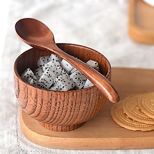 Kanhaom Small Wooden Bowls and Spoons, 10oz. Portion Control Bowls for Snack, Dessert, Japanese Serving Bowls for Rice, Soup, Solid Wood Bowls for Decor (4 Bowls with 4 Spoons - 4.1IN)