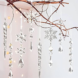 18pcs Christmas Tree Decoration Crystal Ornaments - Hanging Acrylic Christmas Snowflake Icicle Drop Crystal Ornaments for Christmas Tree Winter New Year Party Supplies