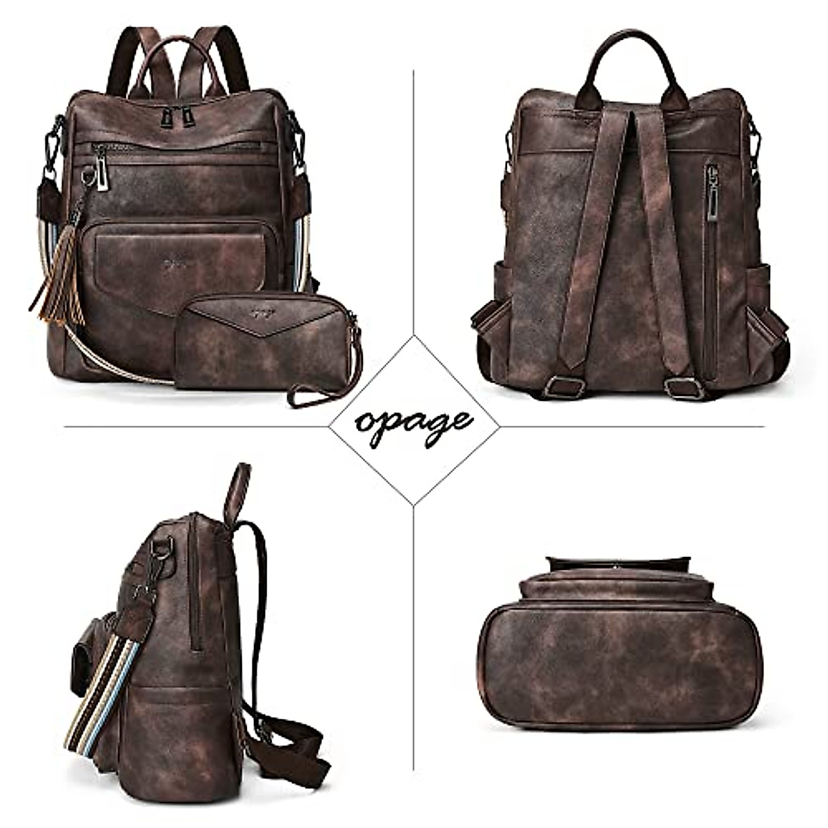 OPAGE Backpack Purse for Women Leather Fashion Designer Backpack Purse Travel Backpack Ladies Shoulder Bags With Wristlet