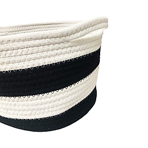 DSJ 14” x 10” x 7" Small Cotton Rope Basket with Handles,Cotton Woven Rope Storage Bins for Storing Cute Dog Cat Toys, Laundry Bedroom and Bathroom Clothes,Towels. (Black and White)